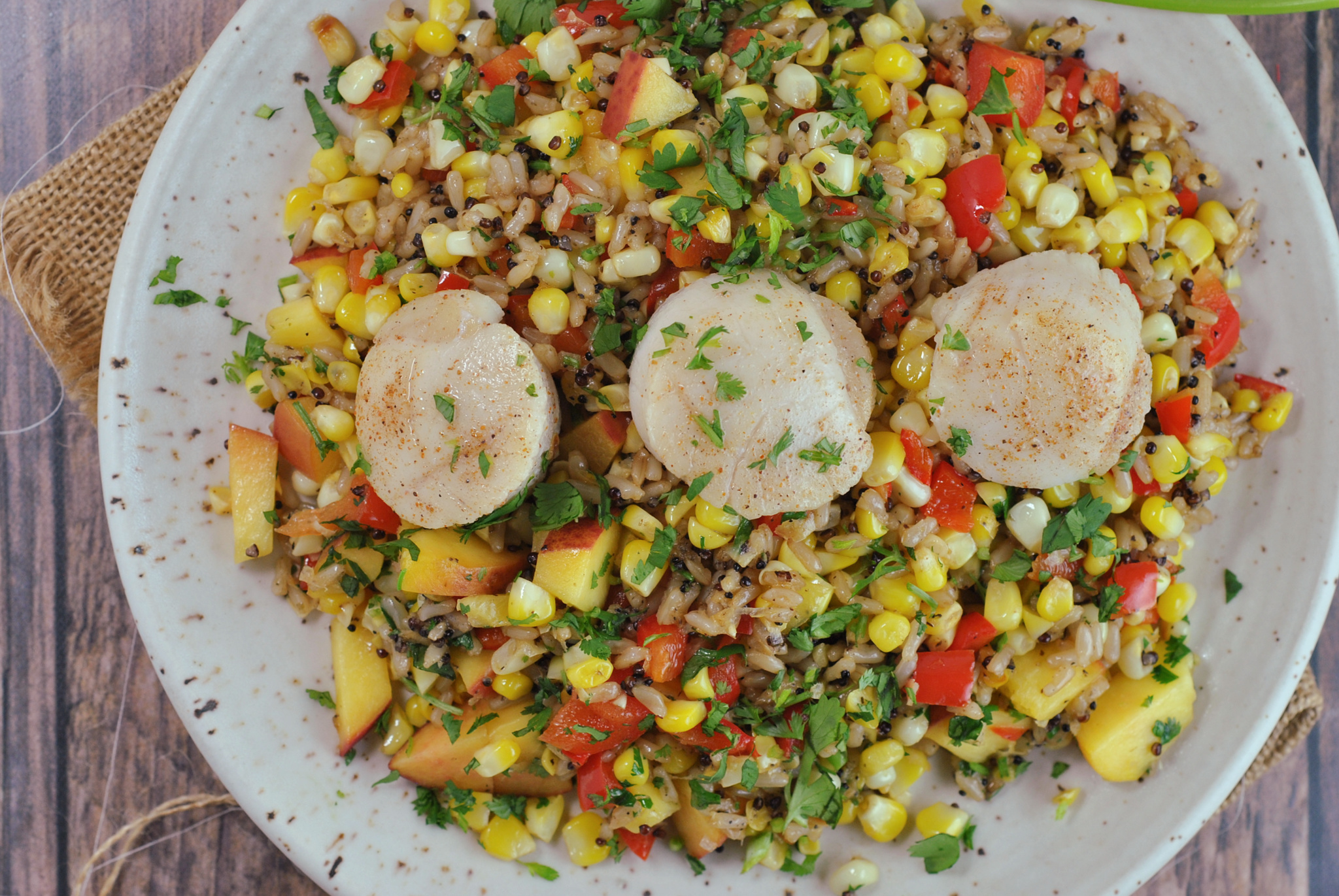 Pan Seared Scallops with Summer Corn and Peach Medley - Prevention RD